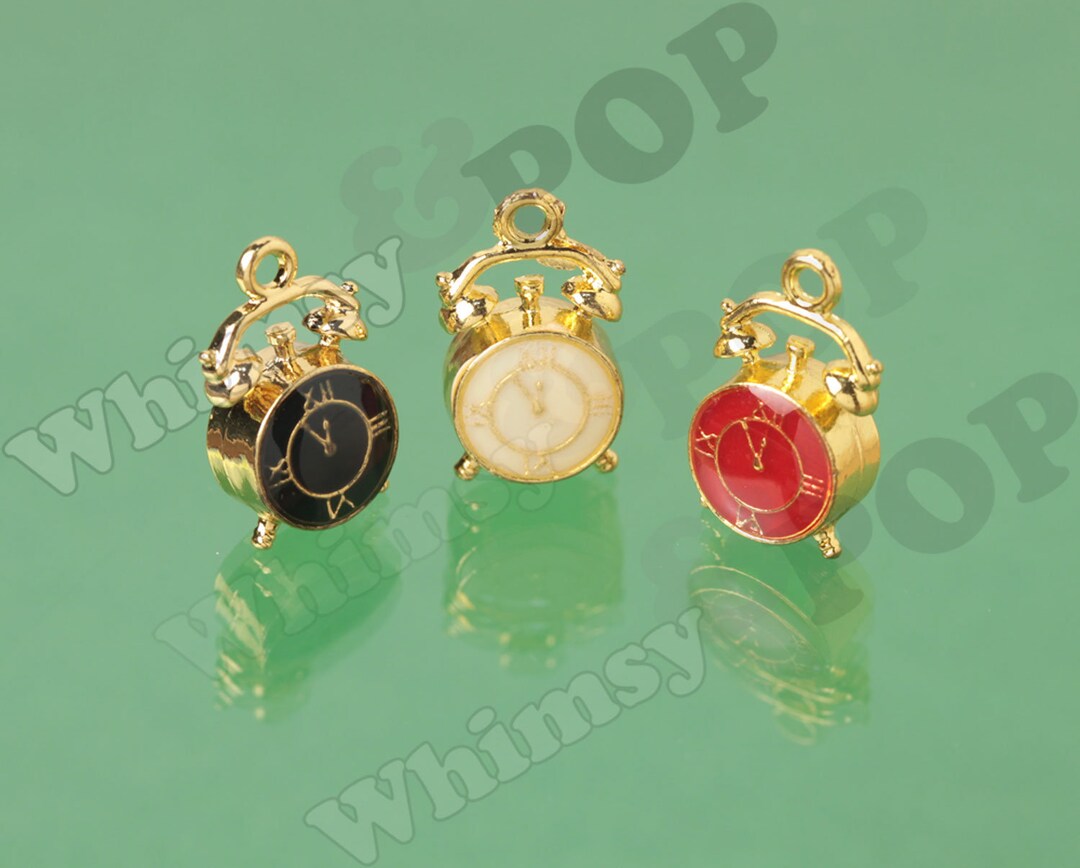 Cute Alarm Clock Charms, Gold Tone Black Red Cream Face Enamel Clock ...