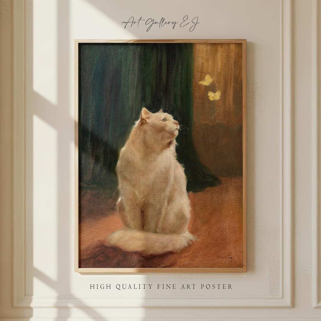 Vintage Arthur Heyer White Cat Art Print | Antique Cat With Butterflies ...