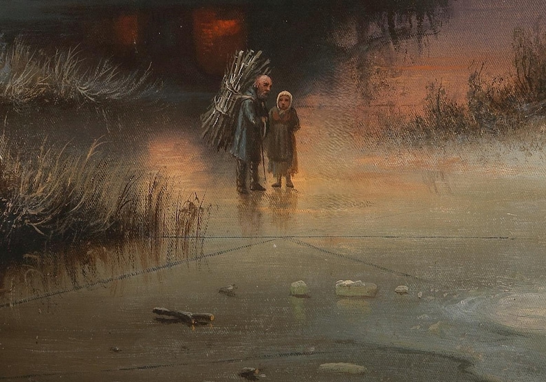 Winter Dusk, Ancient Building With Fire, Frozen Lake Landscape, Antique ...