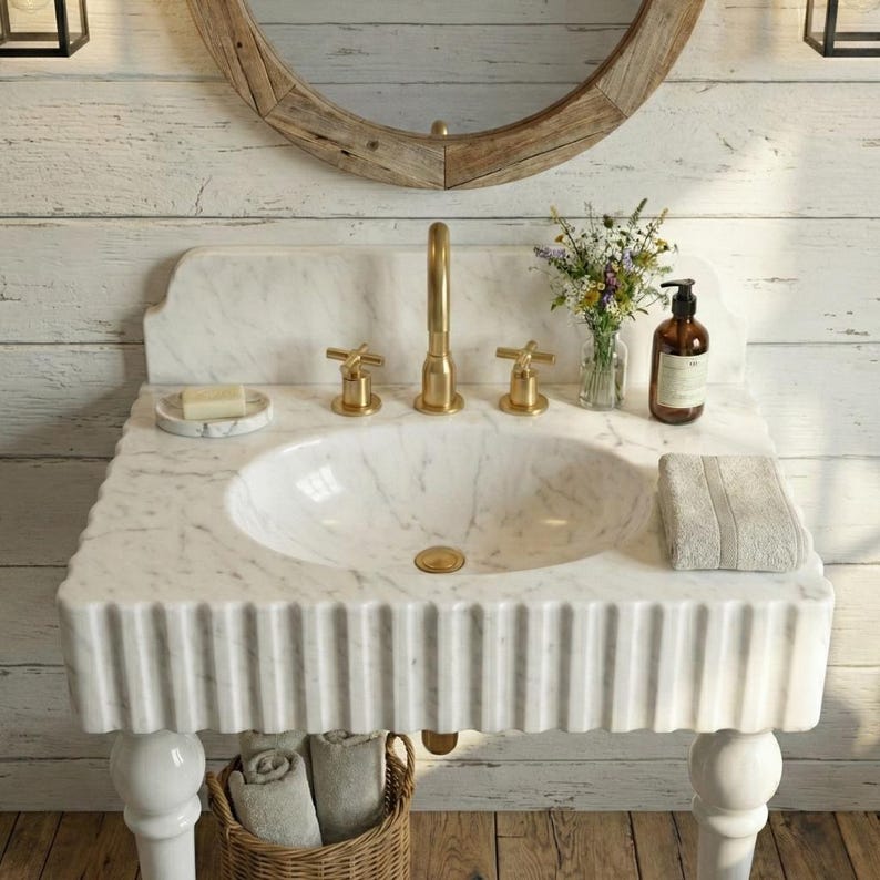 Carrara White Marble Sink | Fluted Vanity Top With Optional Backsplash ...
