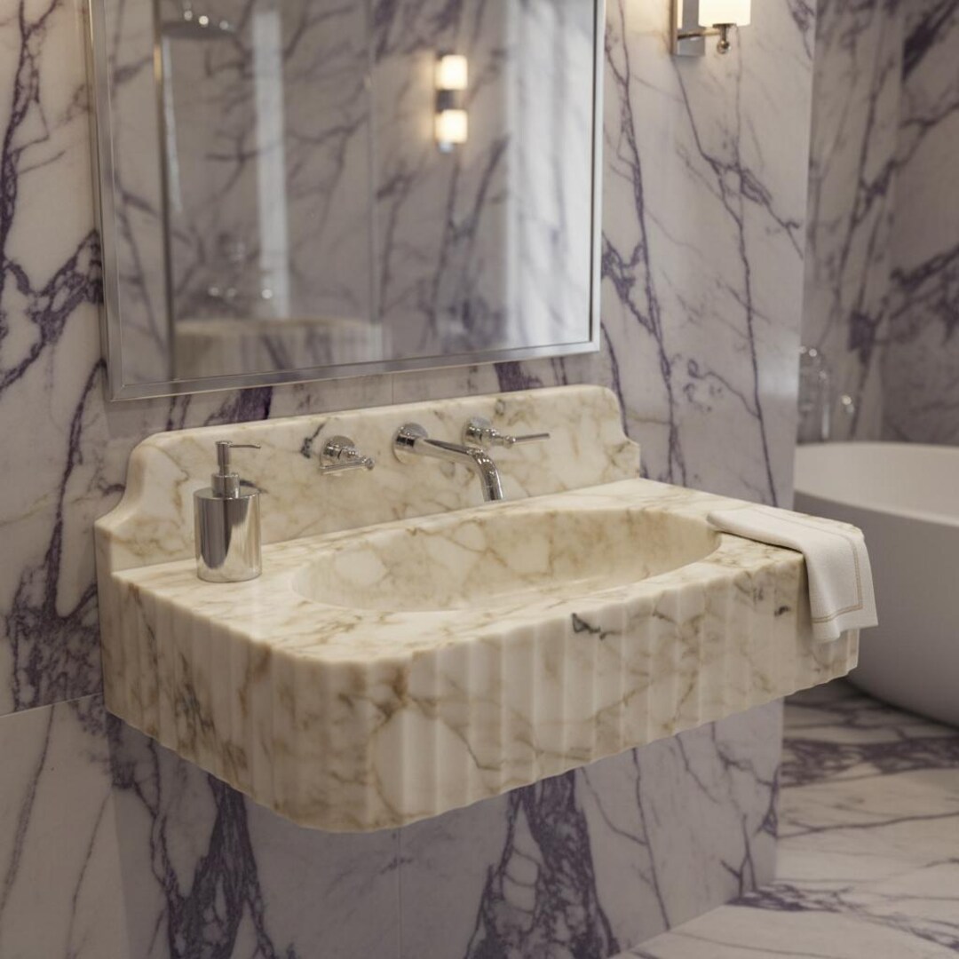 Calacatta Gold Marble Sink | Fluted Vanity Top With Optional Backsplash ...