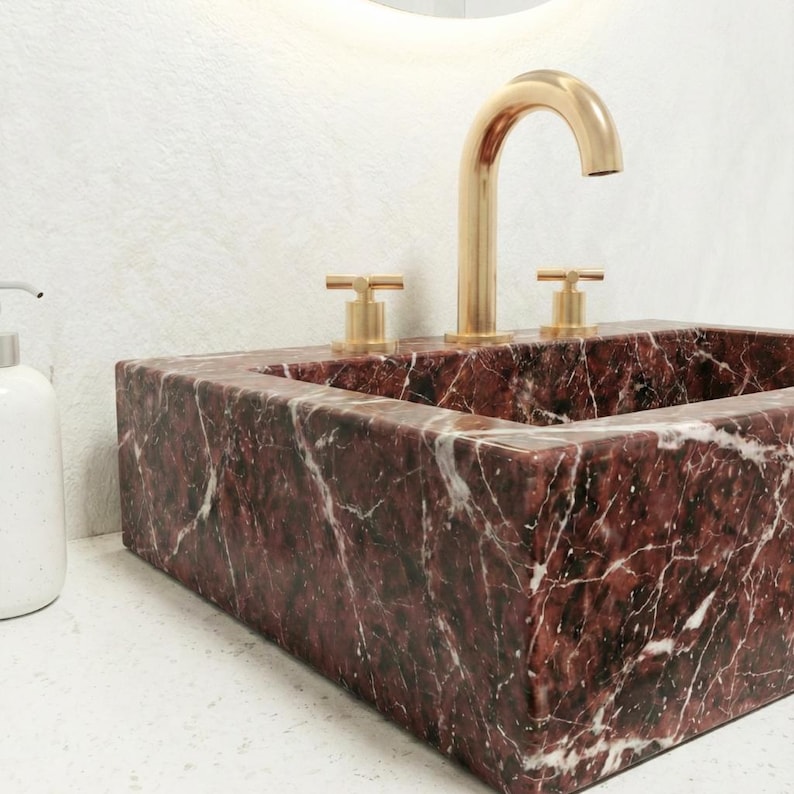 Rosso Levanto Marble Sink Handmade – Modern Rectangular Bathroom Vanity ...