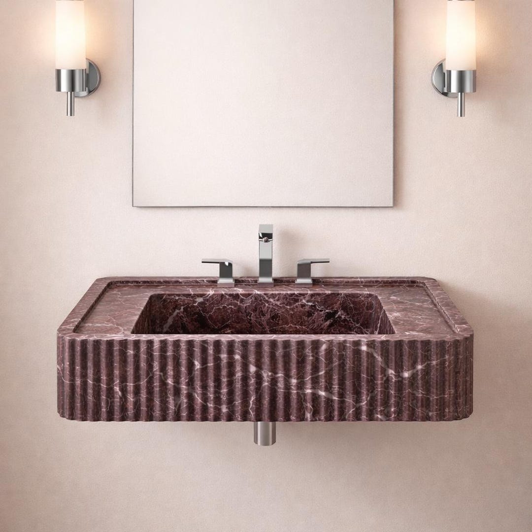 Rosso Levanto Marble Fluted Sink, Wall Mounted Custom Stone Basin ...
