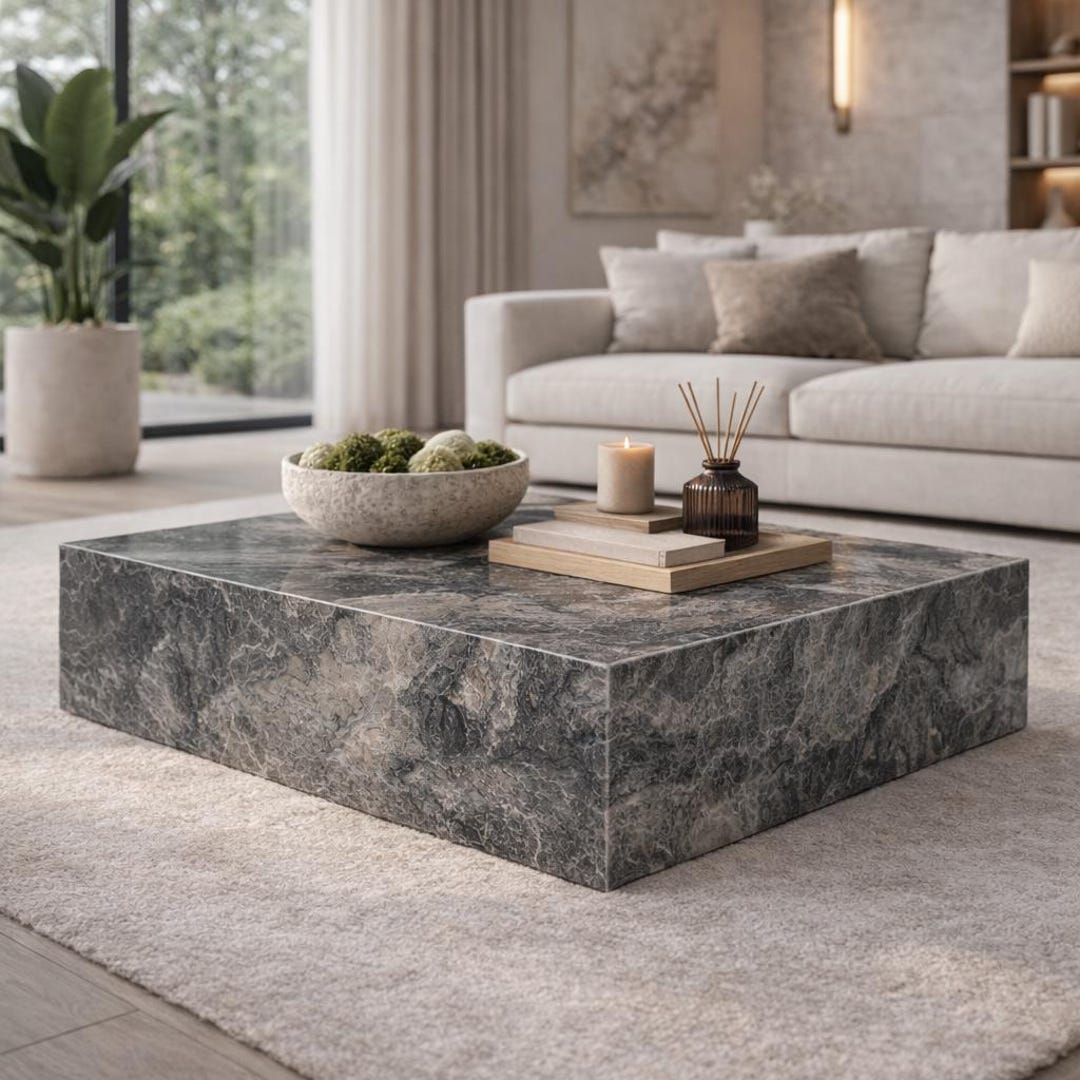 Orobico Grey Marble Plinth Coffee Table Modern Square Stone Block ...