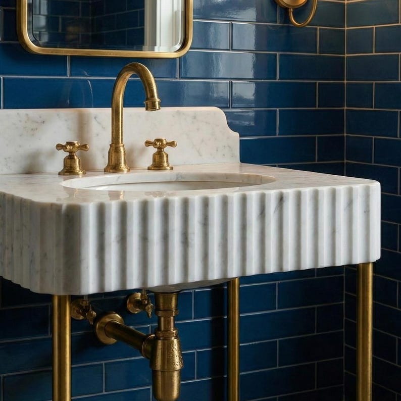 Carrara White Marble Sink | Fluted Vanity Top With Optional Backsplash ...