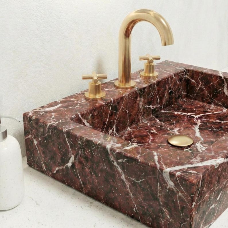 Rosso Levanto Marble Sink Handmade – Modern Rectangular Bathroom Vanity ...