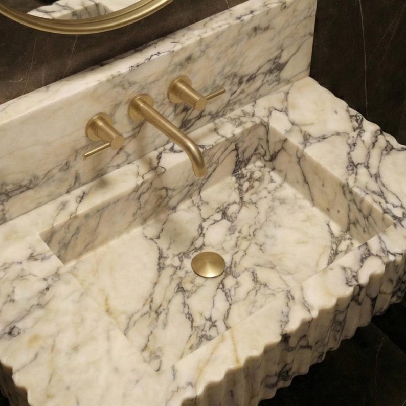 Calacatta Viola Marble Fluted Wall Sink | Integrated Vanity Top ...