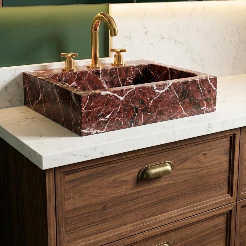 Rosso Levanto Marble Sink Handmade – Modern Rectangular Bathroom Vanity ...