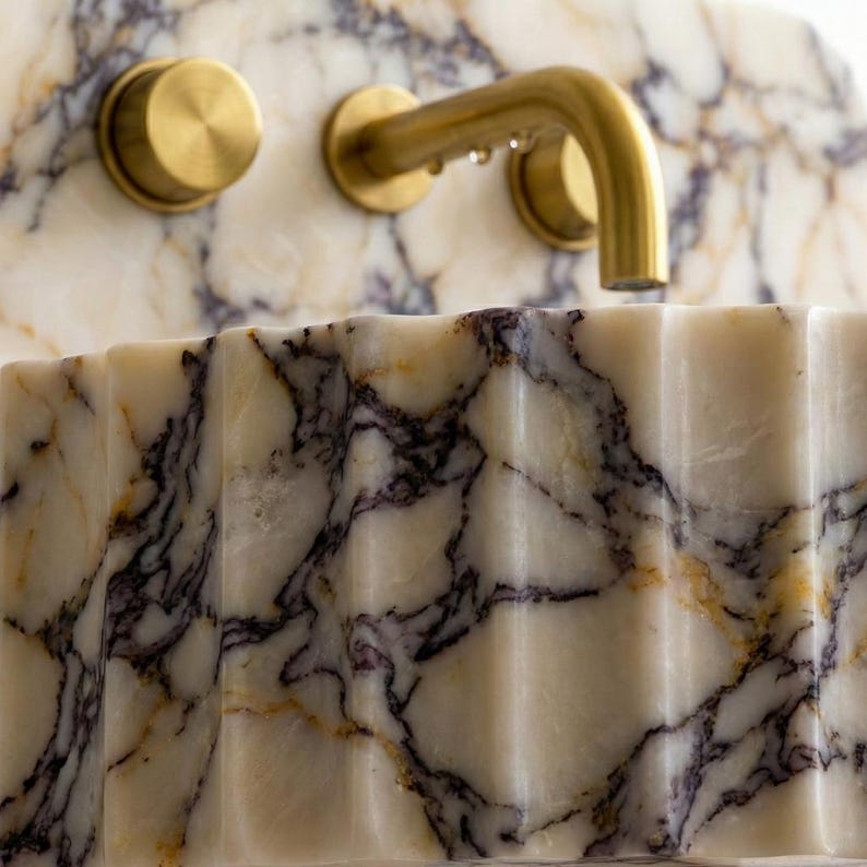 Calacatta Viola Marble Wall Mounted Sink – Fluted Design With ...
