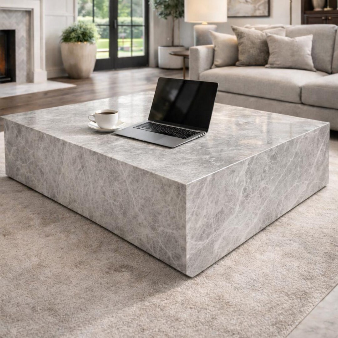 Modern Tundra Grey Marble Plinth Coffee Table - Minimalist Stone Block ...