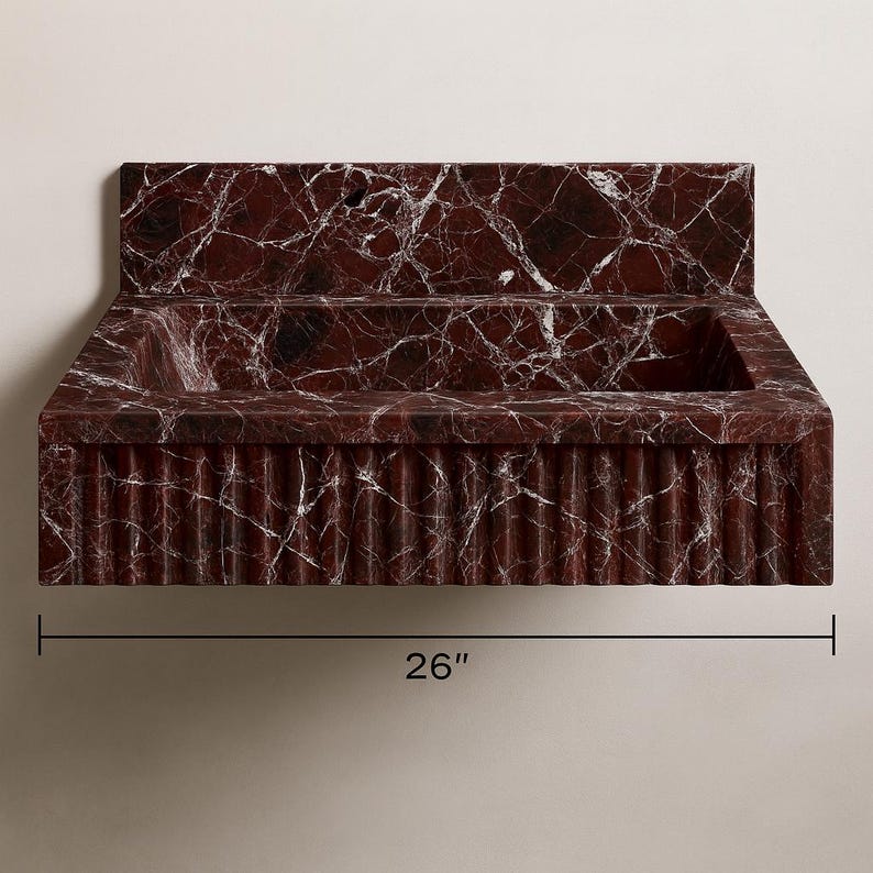 Rosso Marble Fluted Wall Sink With Backsplash, Handcrafted Wall Mounted ...