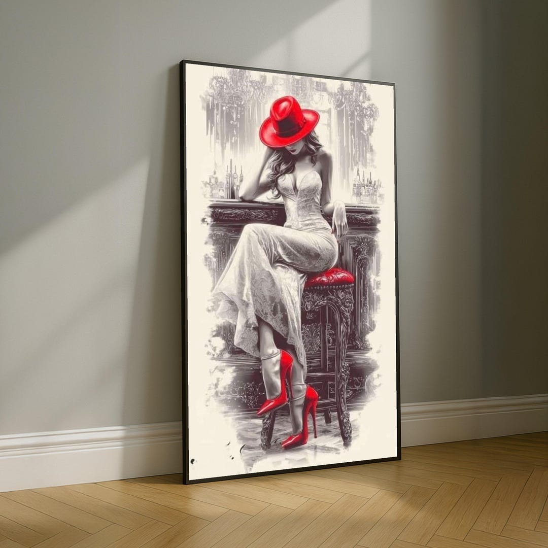 Mujer elegante con sombrero rojo y tacones, lienzo con escena de bar ...