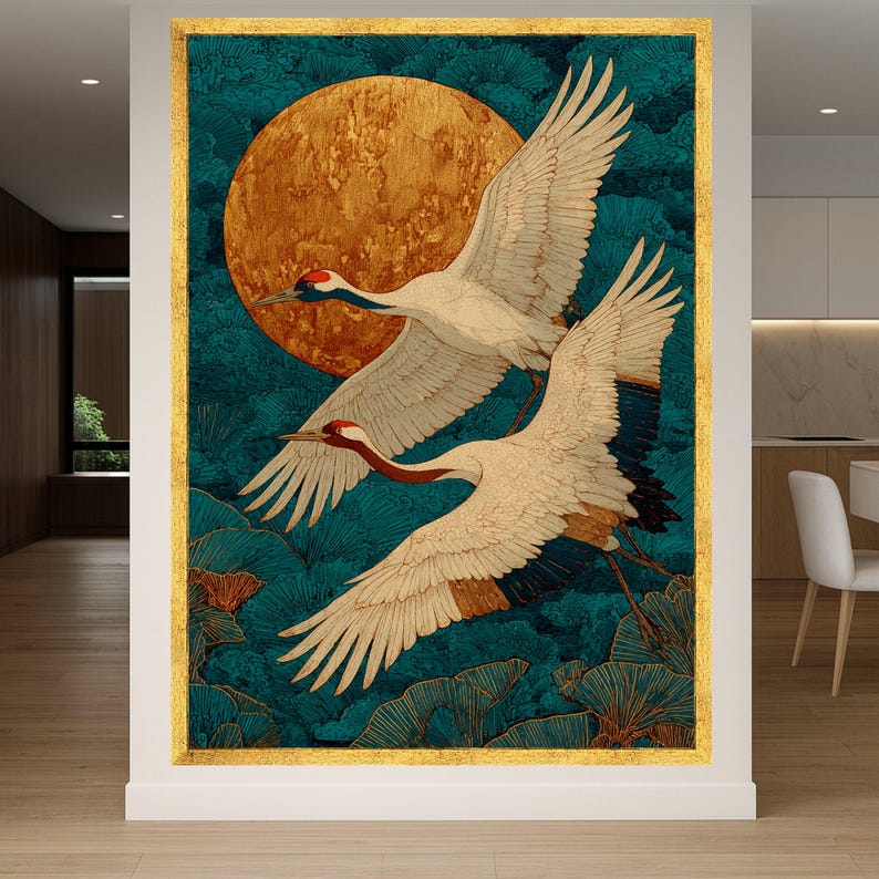 Flying Cranes Canvas Art, Golden Moon Wall Decor, Teal Asian Style ...