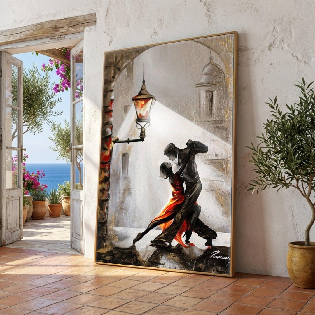 Romantic Tango Dance Scene Canvas Wall Art, Couple Dancing Under ...
