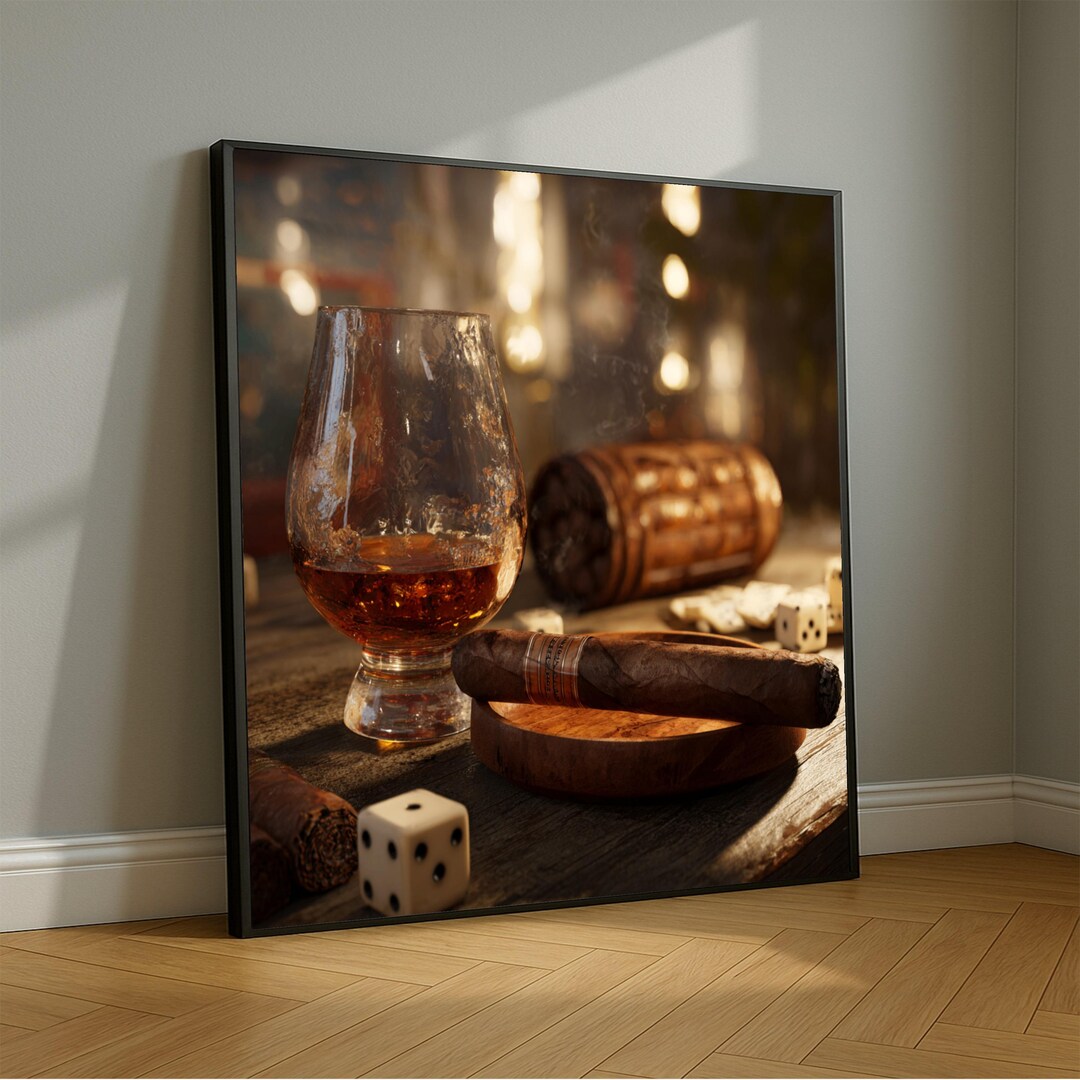 Whiskey and Cigar Still Life Canvas, Rustic Bar Scene Wall Art, Vintage ...