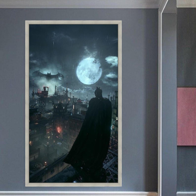 Dark Gotham Night Canvas Wall Art, Batman Silhouette With Full Moon ...