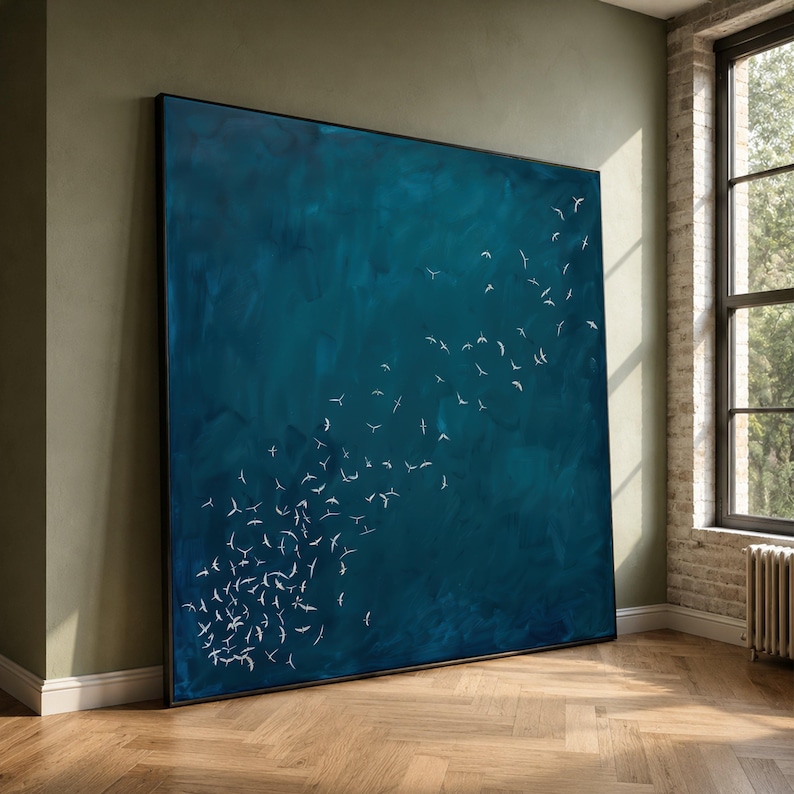 Minimalist Blue Canvas Wall Art With White Abstract Birds, Modern Home ...
