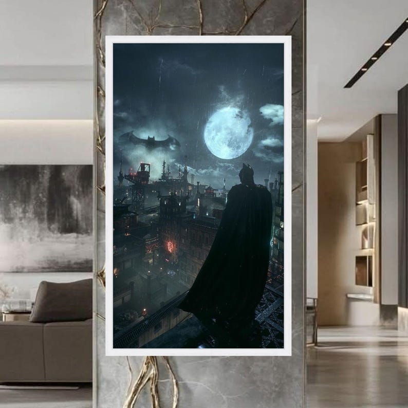 Dark Gotham Night Canvas Wall Art, Batman Silhouette With Full Moon ...