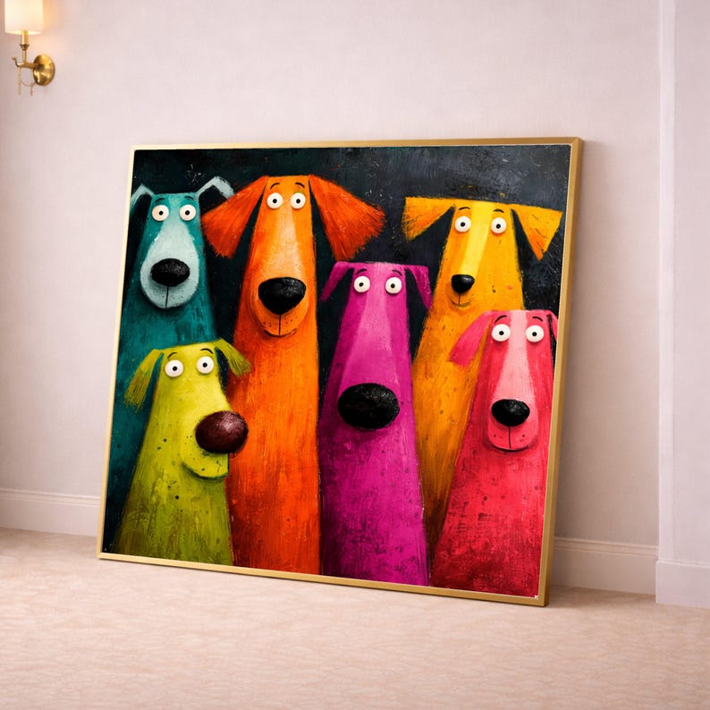 Playful Dogs Canvas Art, Whimsical Pet Portrait, Cartoon Animal ...