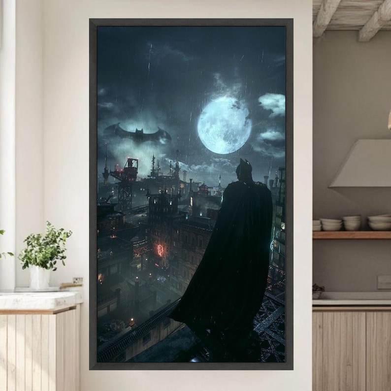 Dark Gotham Night Canvas Wall Art, Batman Silhouette With Full Moon ...