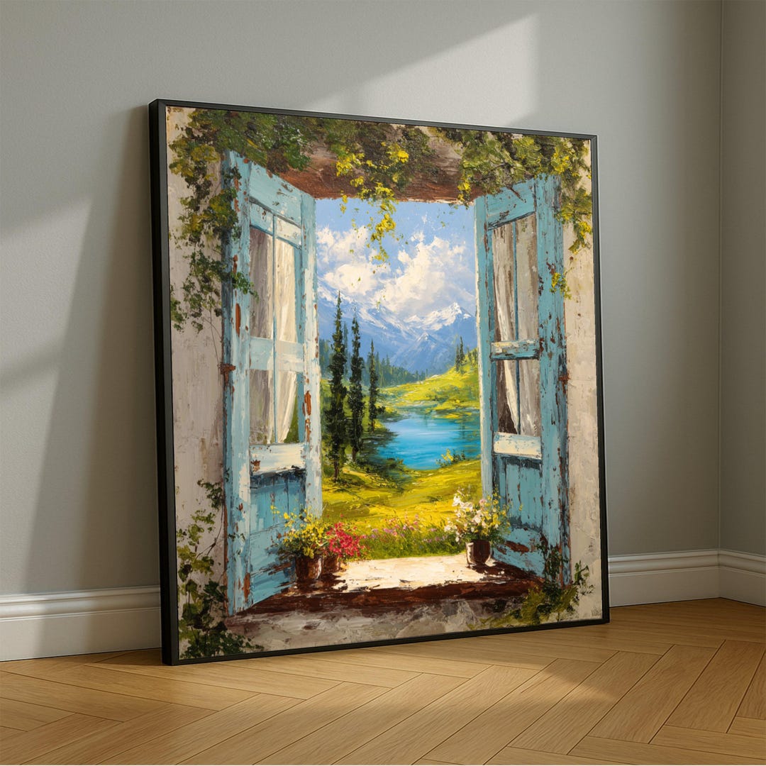 Rustic Blue Window View Canvas, Mountain Lake Landscape, Open Shutter ...