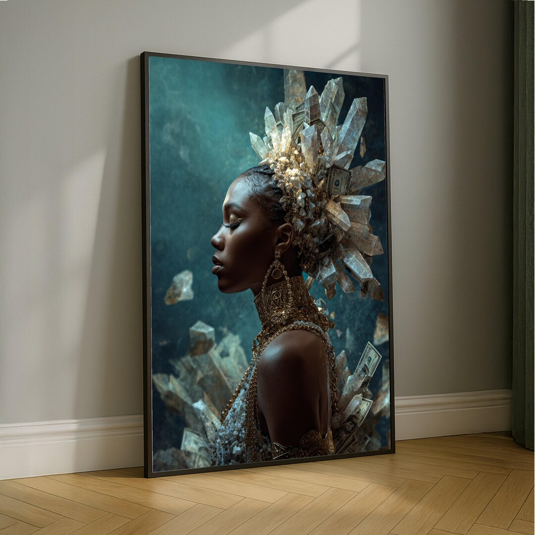 Regal African Queen Portrait Canvas, Crystal and Gold Crown Wall Art ...