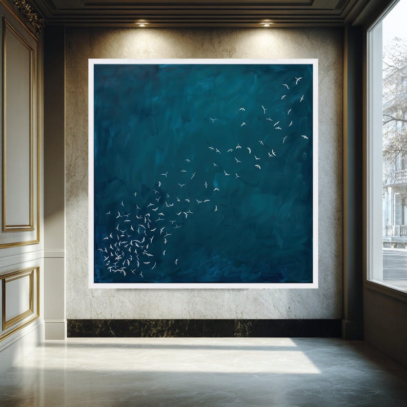 Minimalist Blue Canvas Wall Art With White Abstract Birds, Modern Home ...