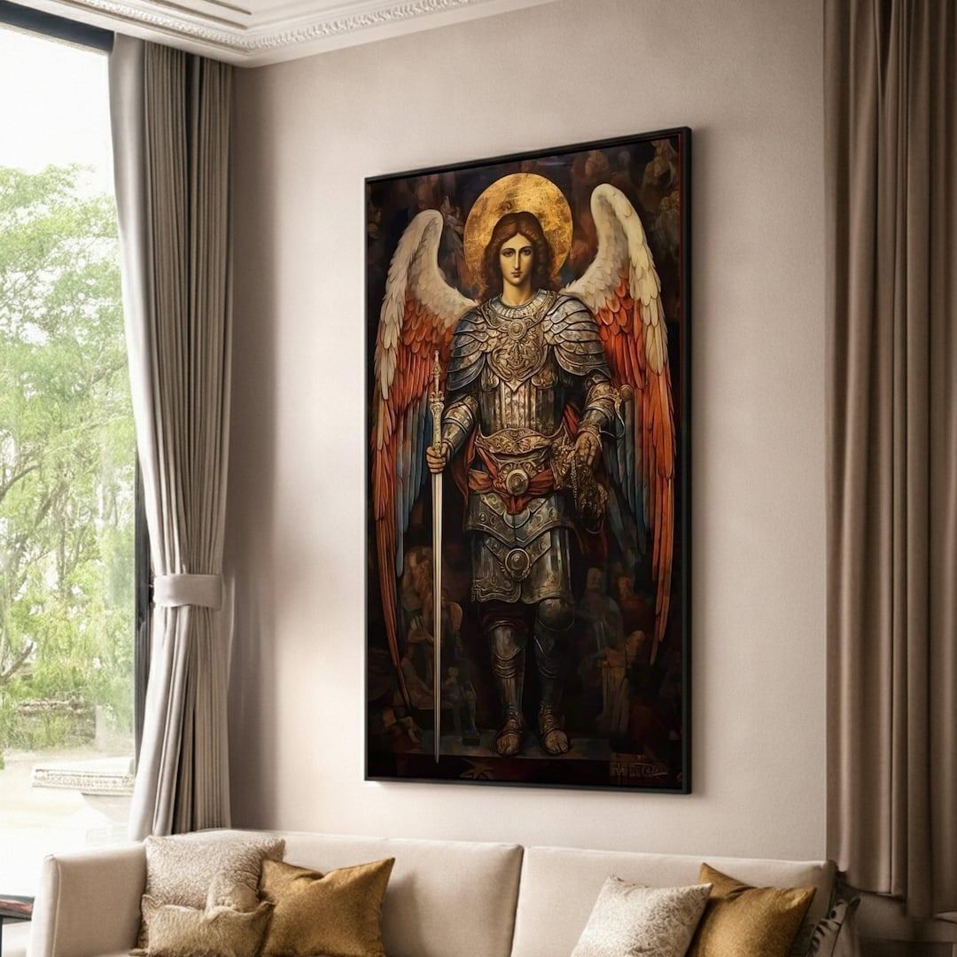 Arte mural en lienzo del Arcángel Miguel, pintura de ángel religioso ...