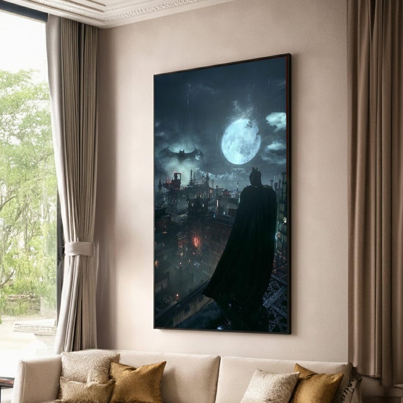 Dark Gotham Night Canvas Wall Art, Batman Silhouette With Full Moon ...