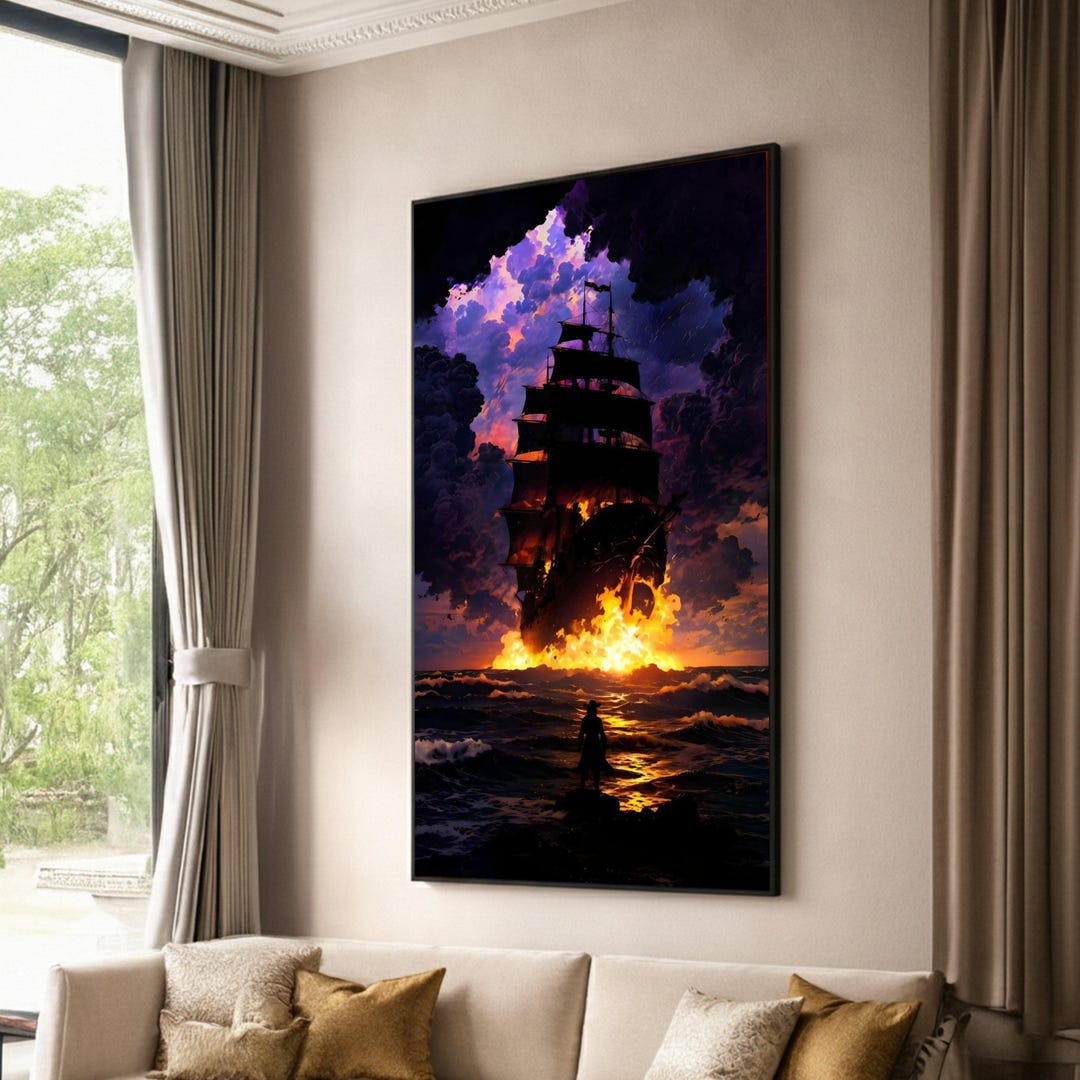Dramatic Pirate Ship on Fire Canvas, Dark Stormy Sea Wall Art, Nautical ...