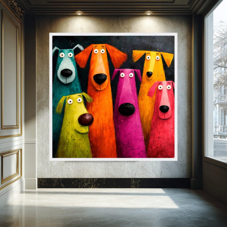 Playful Dogs Canvas Art, Whimsical Pet Portrait, Cartoon Animal ...