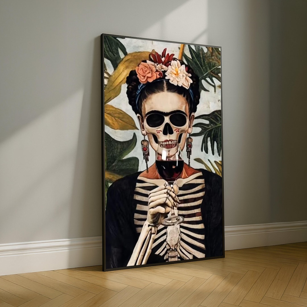 Frida Kahlo Skeleton Portrait Canvas, Day of the Dead Wall Art, Mexican ...