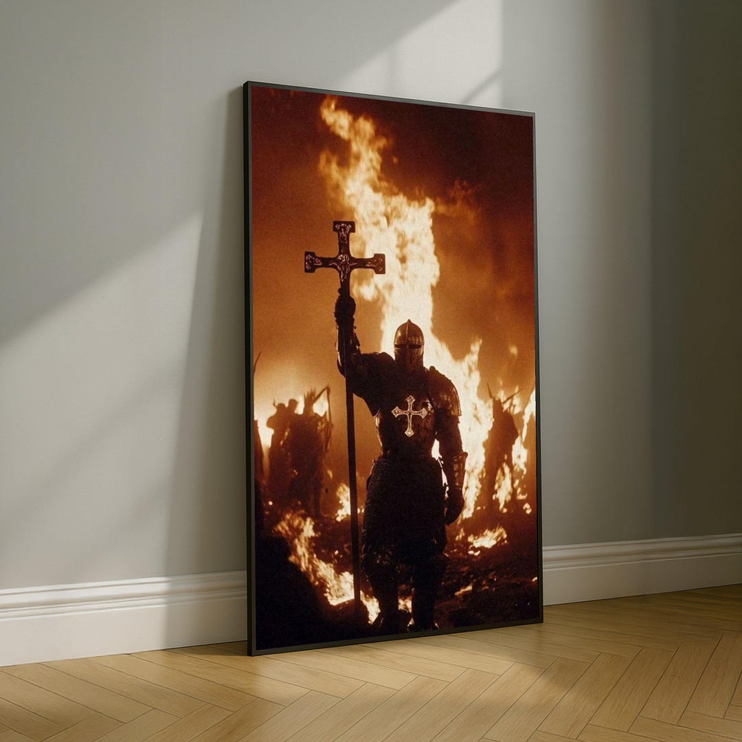 Medieval Knight With Cross Canvas, Fiery Battle Scene Wall Art, Gothic ...
