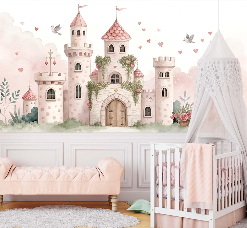 Pink Princess Castle Wallpaper Mural, Watercolor Fairy Tale Nursery ...