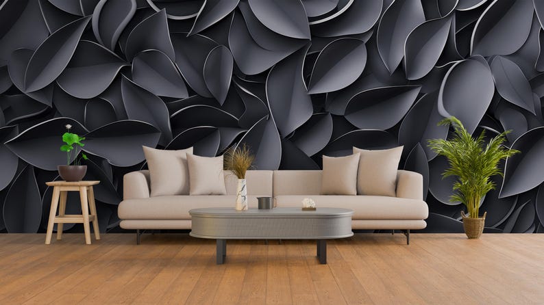 Monochrome Abstract Black Leaves Wallpaper, Modern 3D Leaves Peel and ...