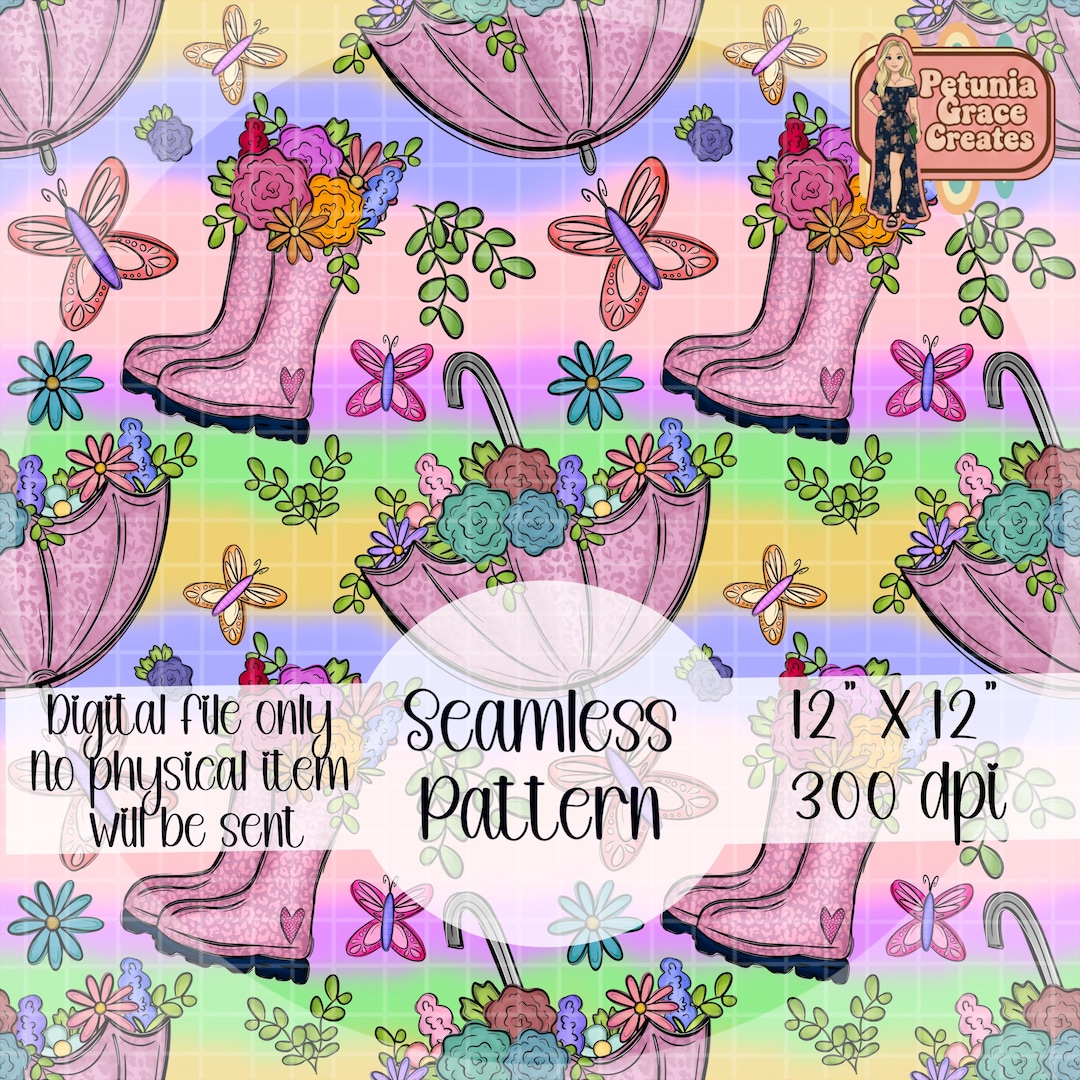 Spring Floral Seamless Pattern Bundle, Rain Boot & Umbrella Digital ...