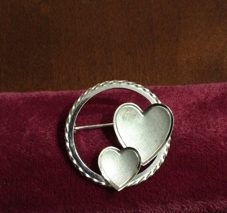 1950s-60s Vintage Sterling Silver Circle Pin With Double Hearts - Etsy