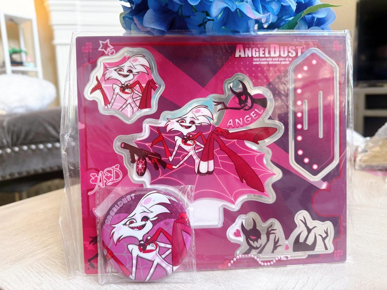 Angel Dust Acrylic Standee Set: Hazbin Hotel Keychain & Badge - Etsy