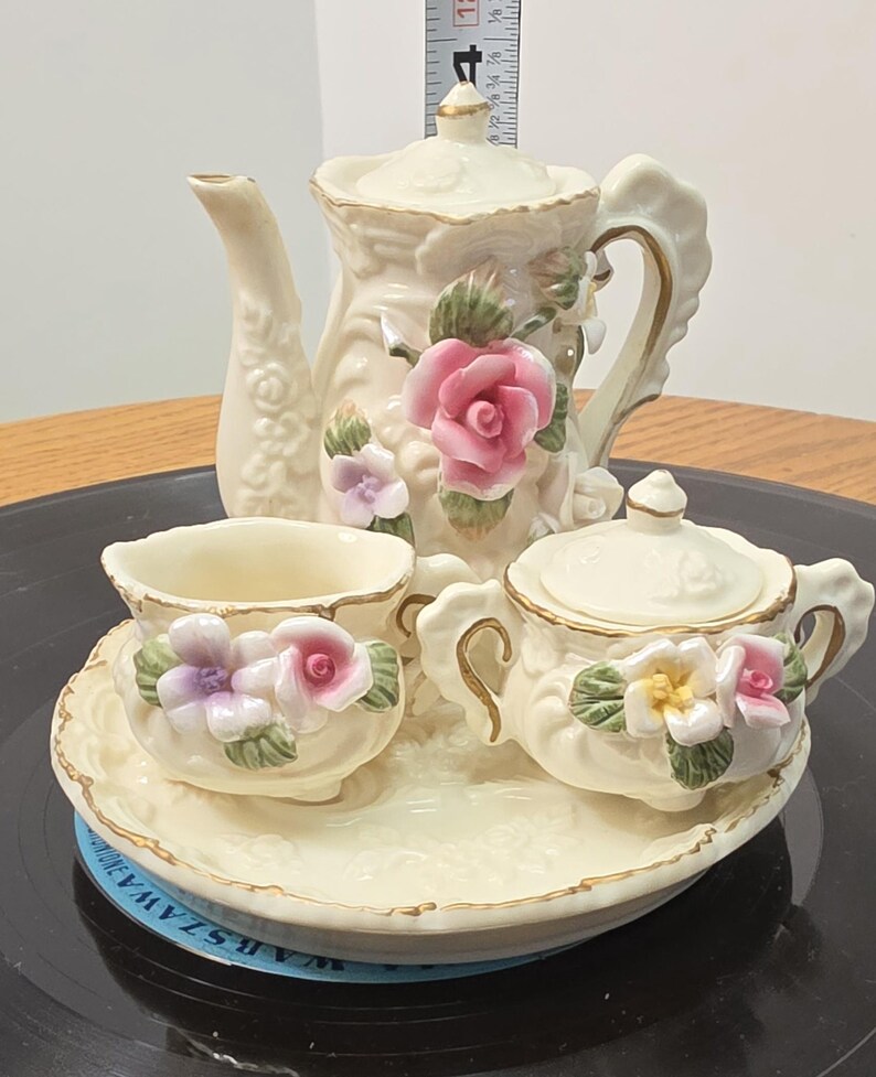 Vintage Miniature Porcelain Tea Set With Tray, 3D Applied Floral Rose ...