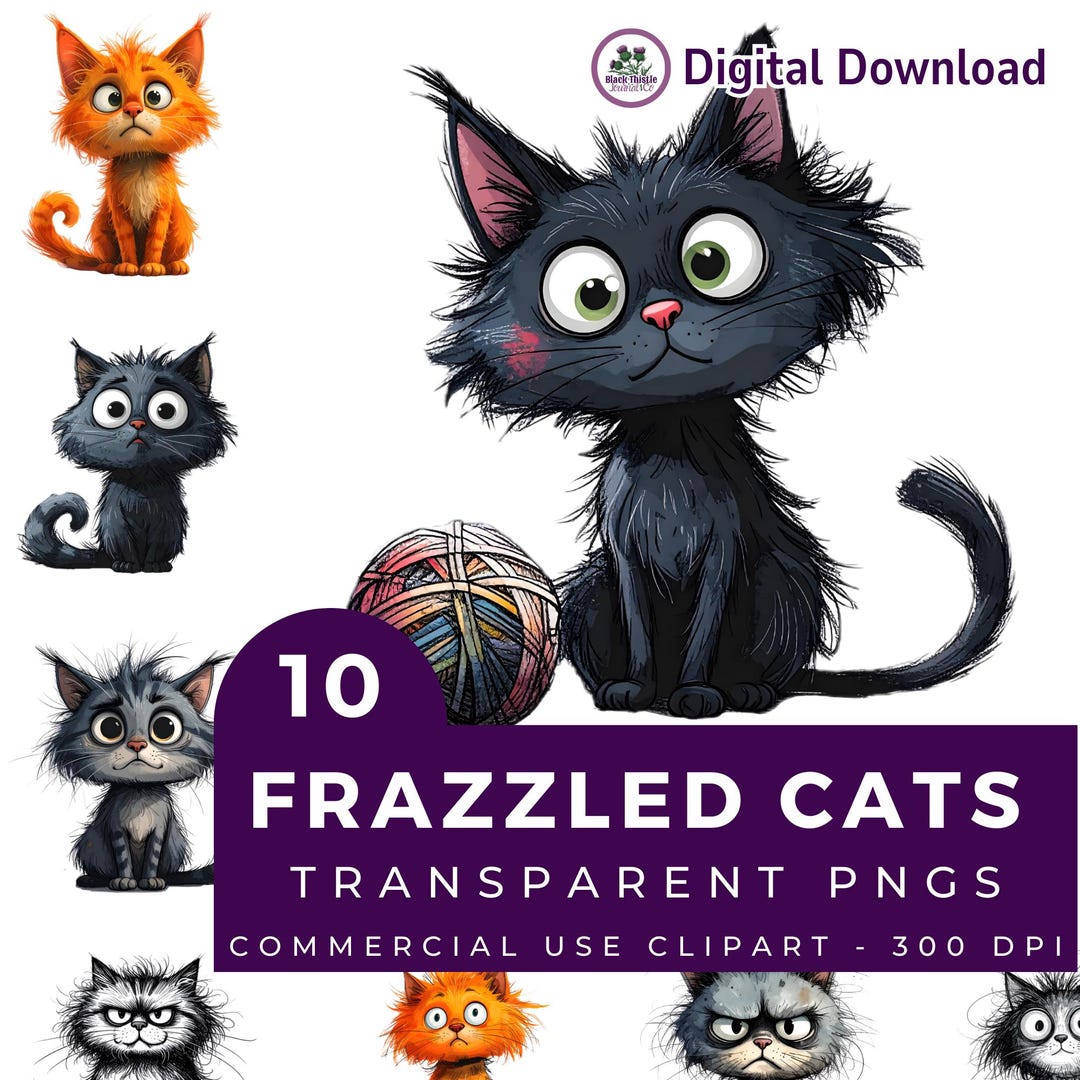 10 Frazzled Cat Clipart PNG Bundle | Whimsical Funny Cat Digital ...