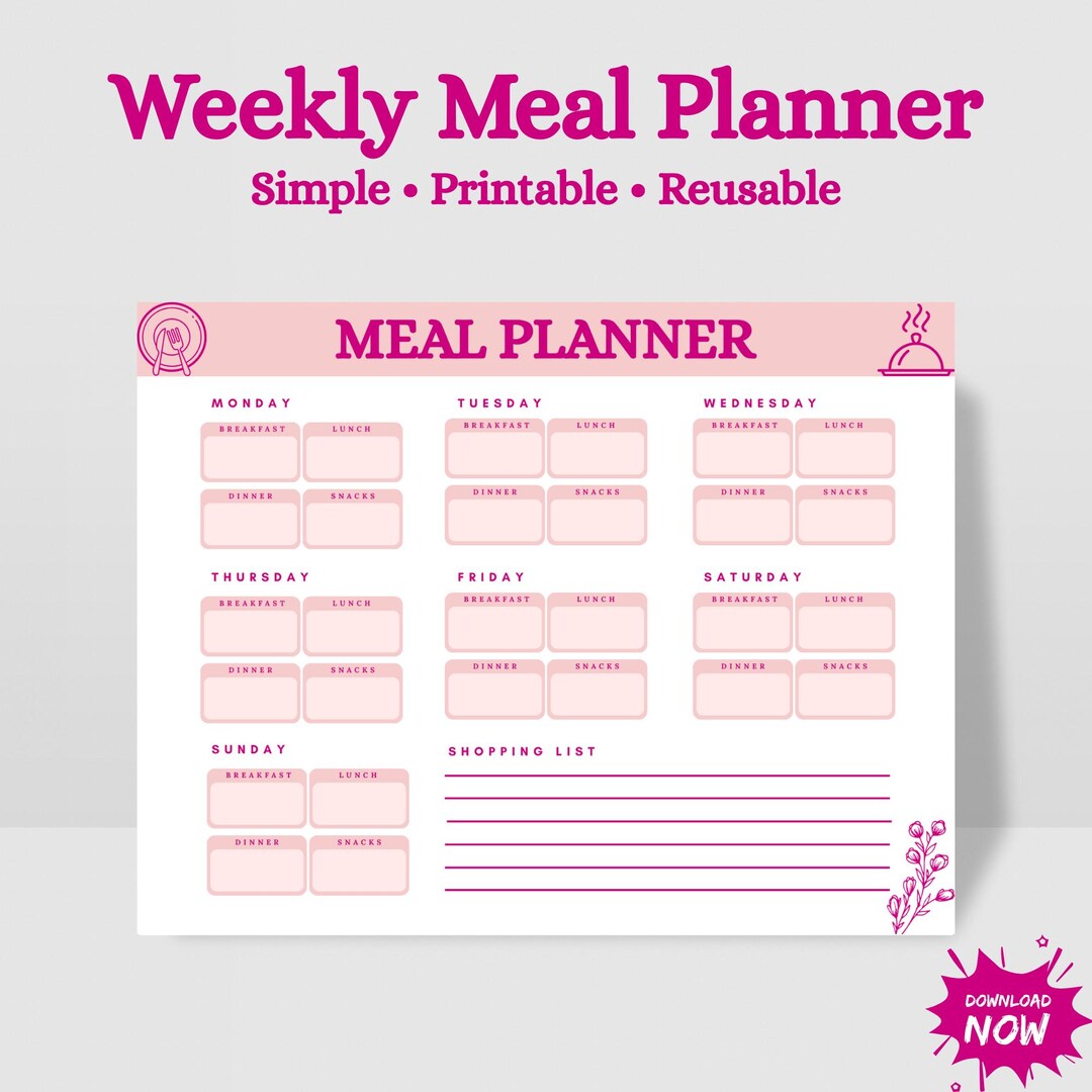 Weekly Meal Planner Printable | Breakfast Lunch Dinner Snacks ...