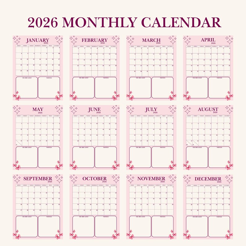 Calendrier 2026 imprimable | Calendrier mensuel 2026 | Agenda minimal ...