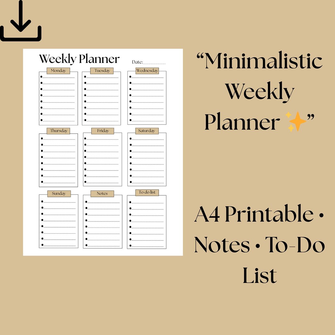 Minimalist Weekly Planner Printable | A4 PDF With Notes & To-do List ...