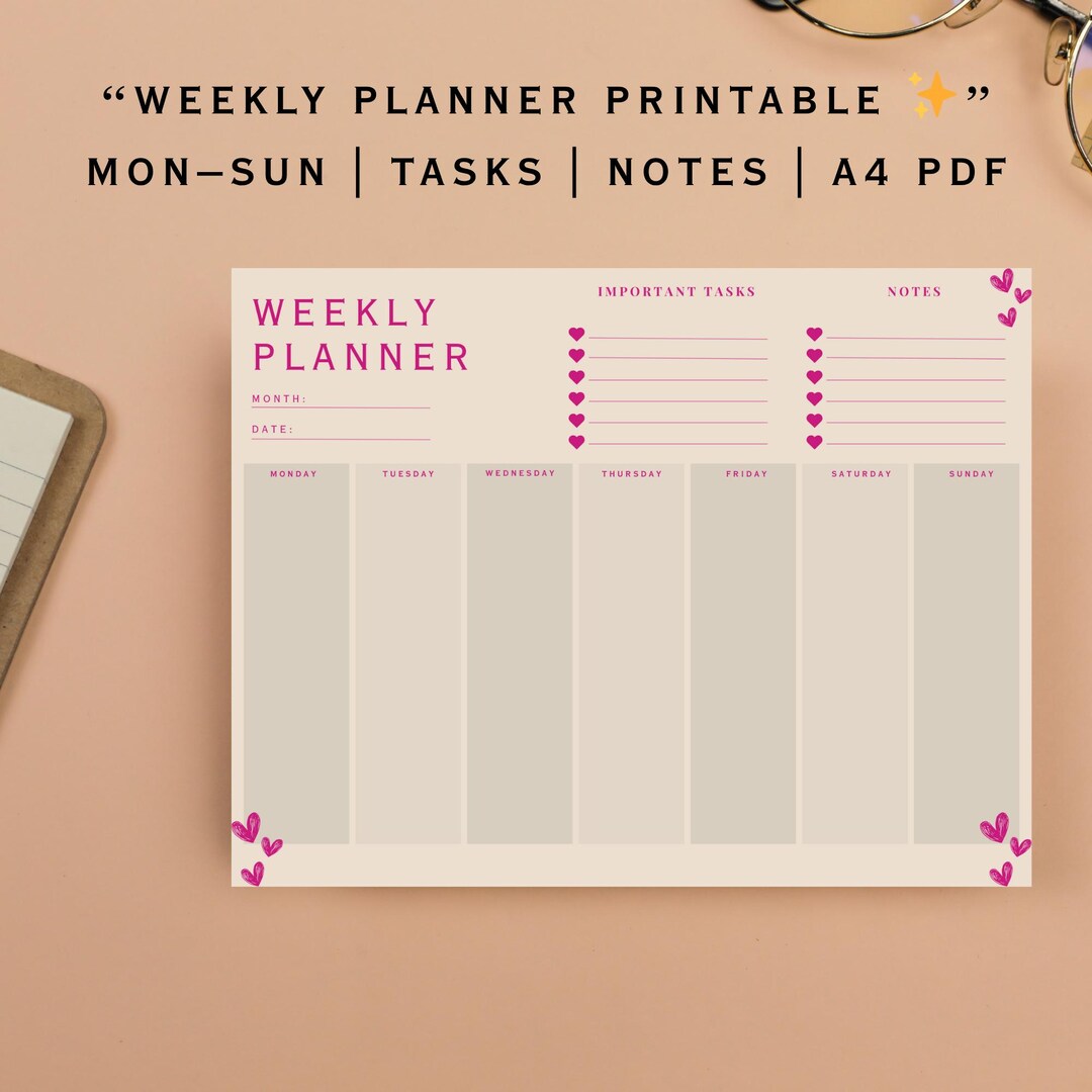 Weekly Planner Printable | Important Tasks + Notes | Minimal Mon–sun ...