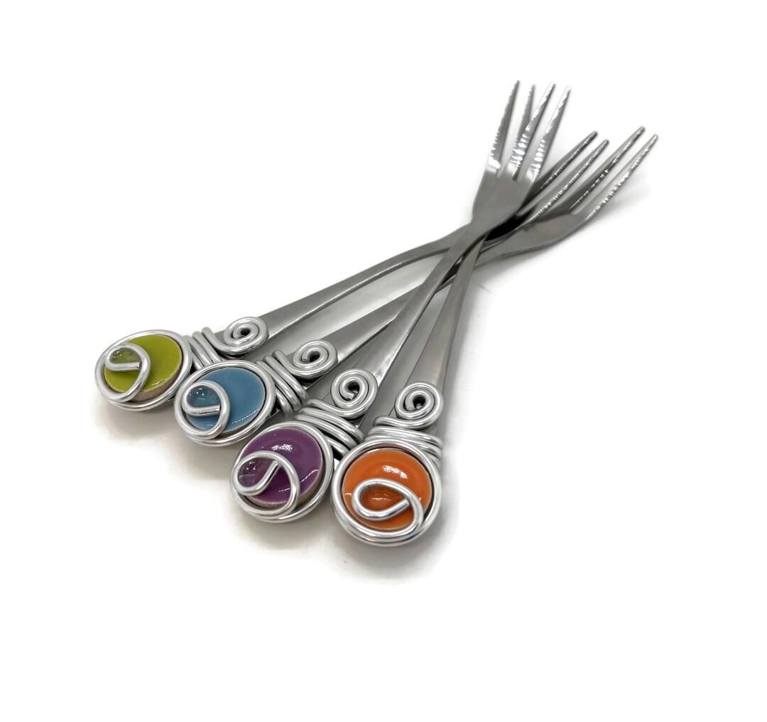Handcrafted Wire Wrapped Oyster Fork Set With Spring Color Marbles ...