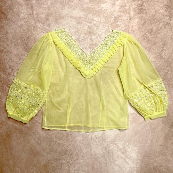 Vintage 70s Sheer Lace Blouse: Yellow Ruffled Princes… - Gem