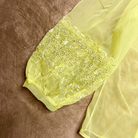 Vintage 70s Sheer Lace Blouse: Yellow Ruffled Princes… - Gem