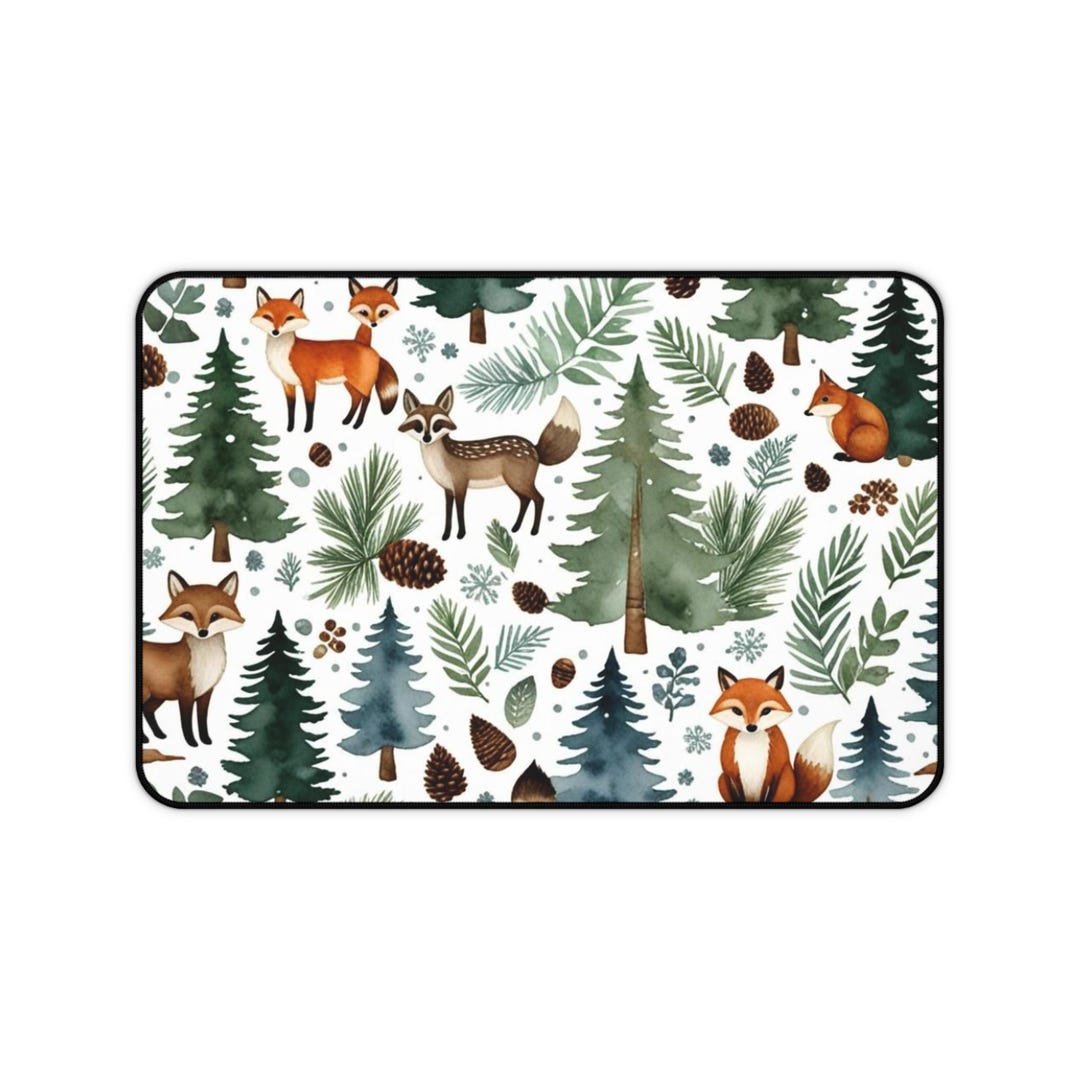 Woodland Fox Pattern Desk Mat, Forest Trees Pines Leaves Pinecones - Etsy