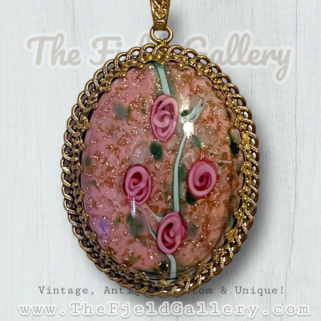 West German Purple & Gold Foil Rose Flower Art Glass Cabochon in Gilded ...