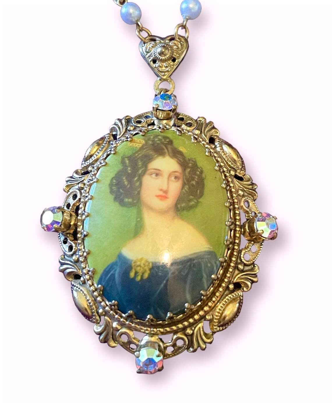 West German Porcelain Limoge Cameo Portrait Brass Filigree Necklace ...